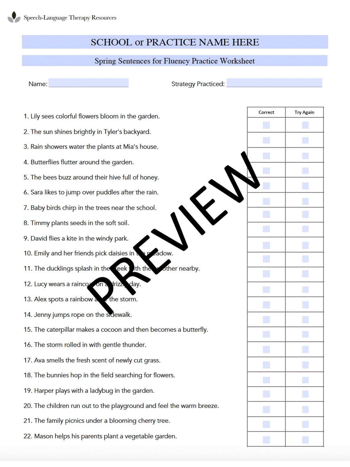 Spring Sentences for Fluency Practice Worksheet for Speech Therapy ...