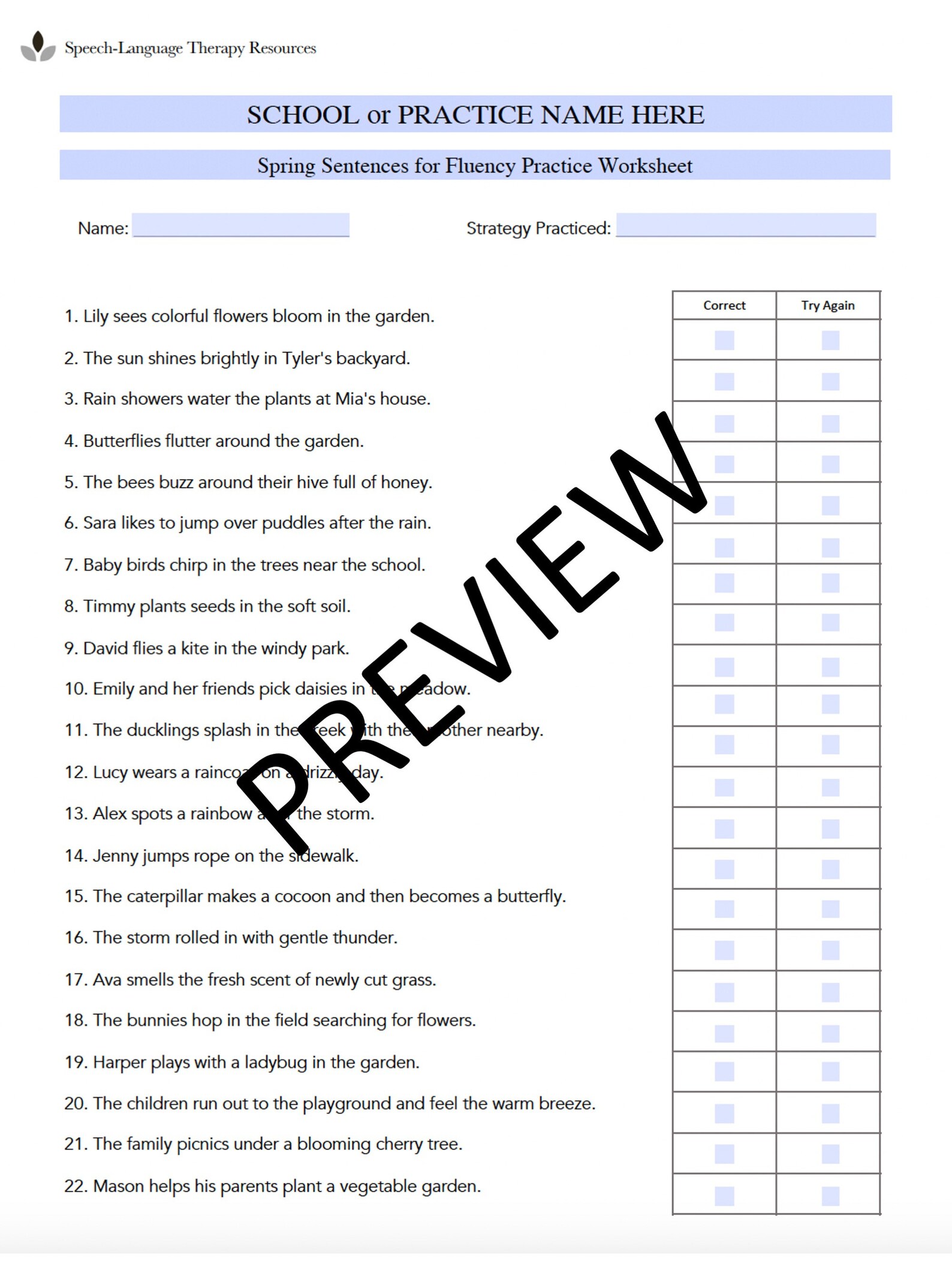Spring Sentences for Fluency Practice Worksheet for Speech Therapy ...