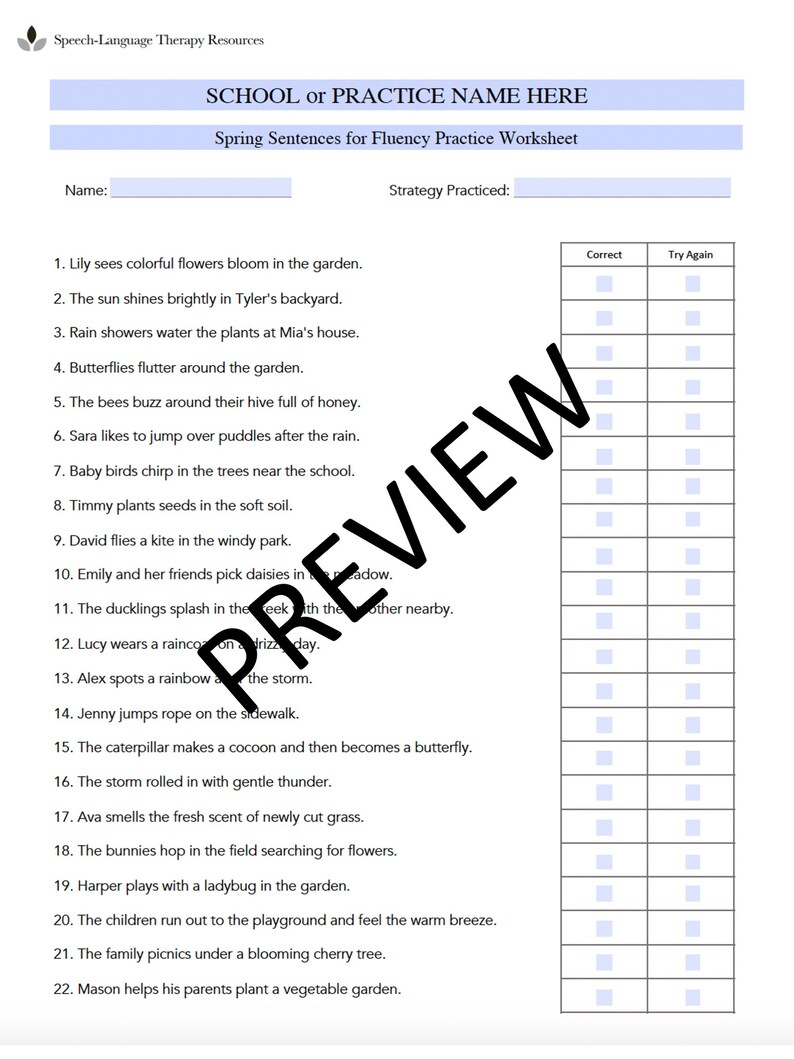 Spring Sentences for Fluency Practice Worksheet for Speech Therapy ...