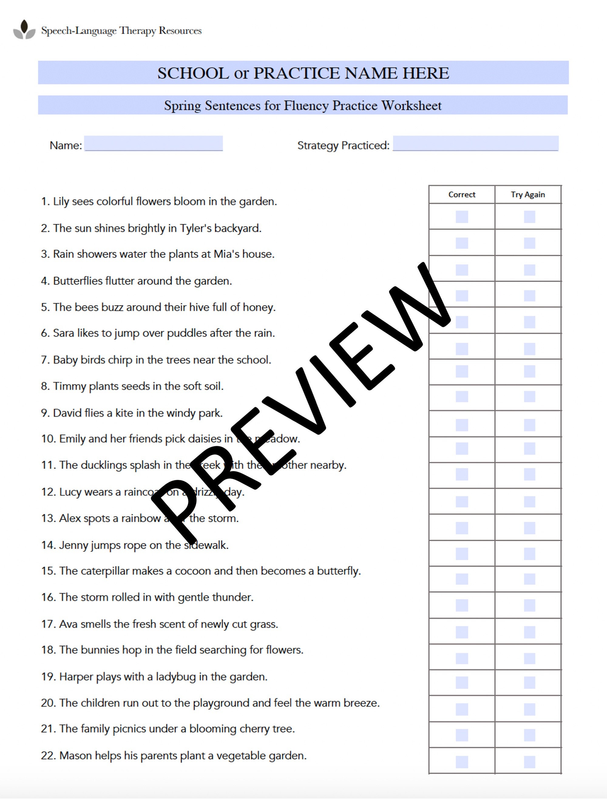 Spring Sentences for Fluency Practice Worksheet for Speech Therapy ...