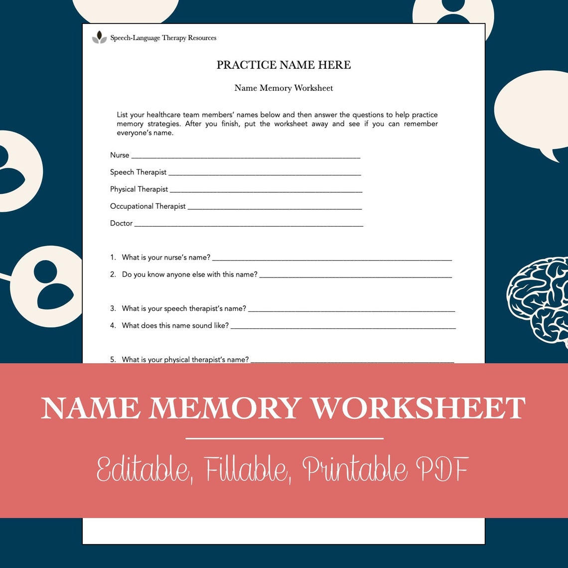 Name Memory Worksheet for Aphasia in Speech Therapy (editable, Fillable ...