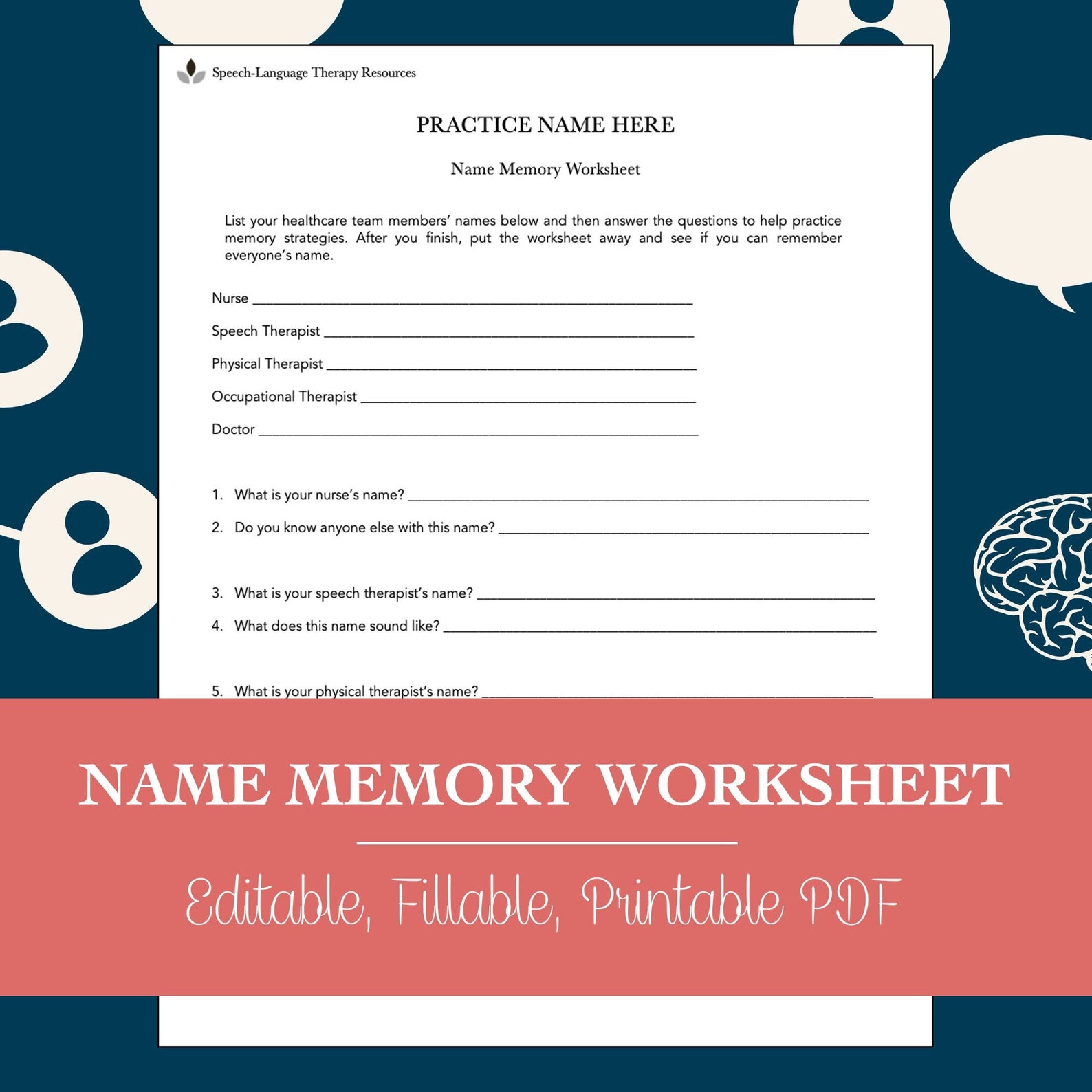 Name Memory Worksheet for Aphasia in Speech Therapy (editable, Fillable ...