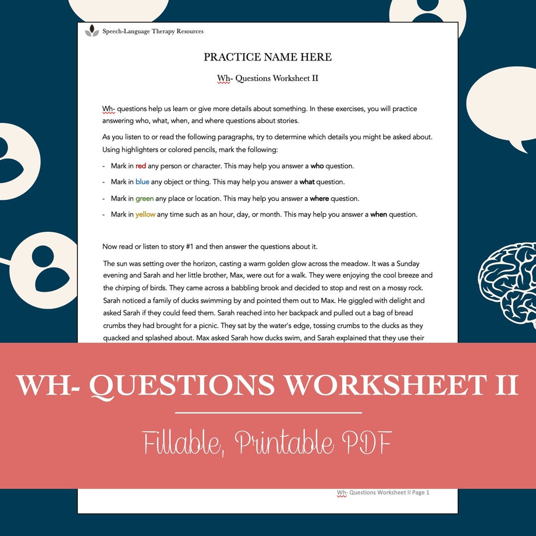 WH- Questions for Reading Comprehension Worksheet for Speech Therapy ...