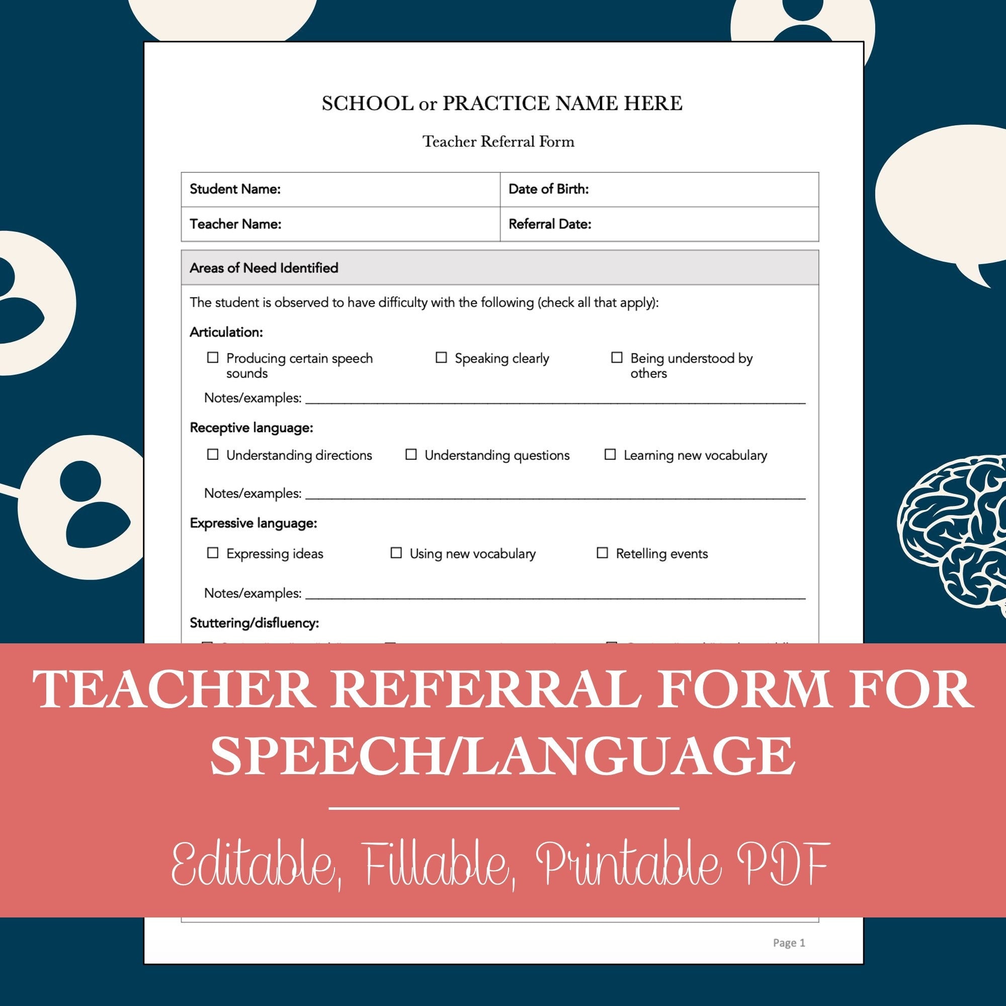 Teacher Referral Form for Speech Therapy (editable, Fillable, Printable ...