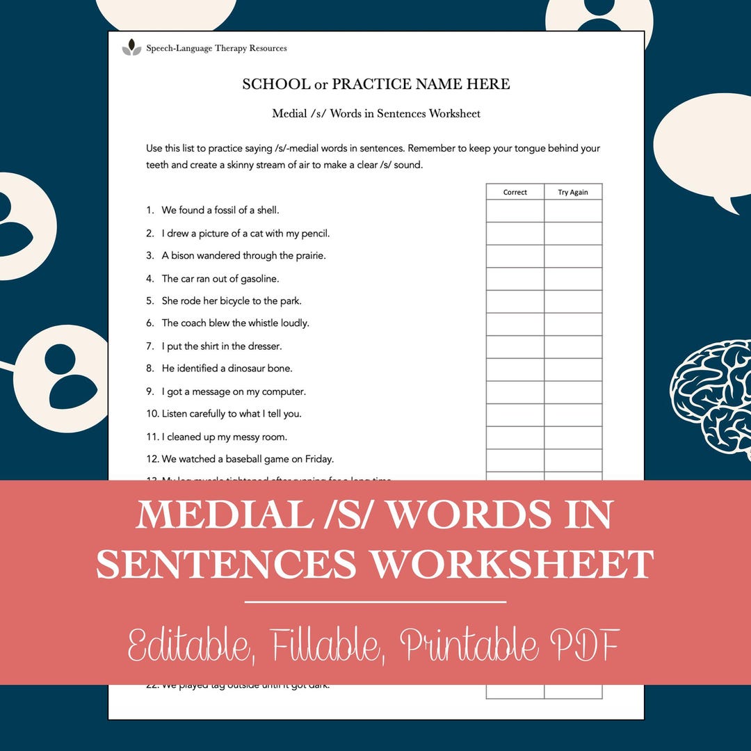 Medial /S/ Words in Sentences Worksheet for Speech Therapy (editable ...
