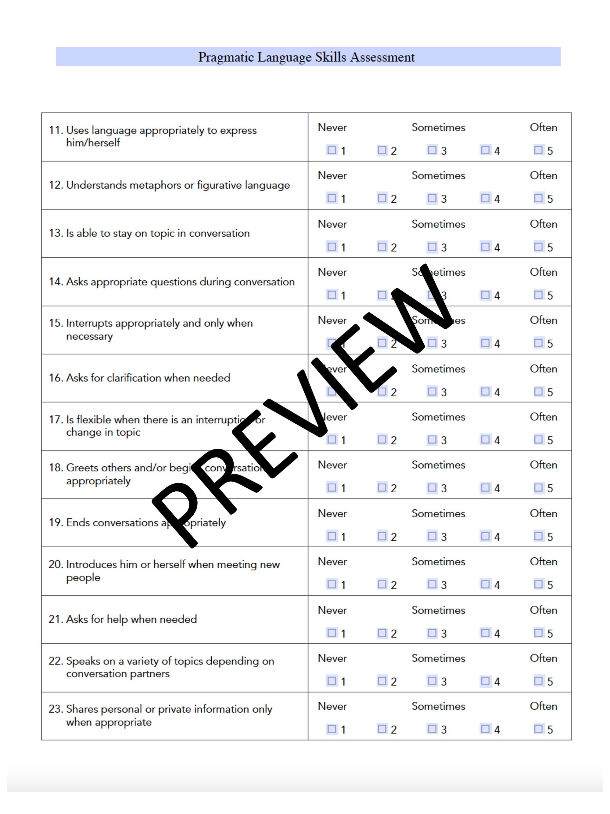 Pragmatic Language Skills Assessment Worksheet for Speech Therapy ...