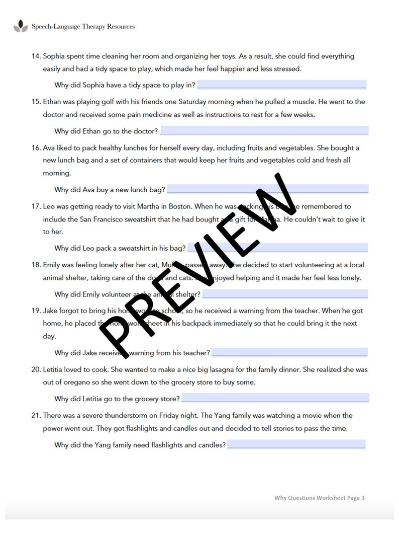 Why Questions Worksheet for Speech Therapy editable - Etsy