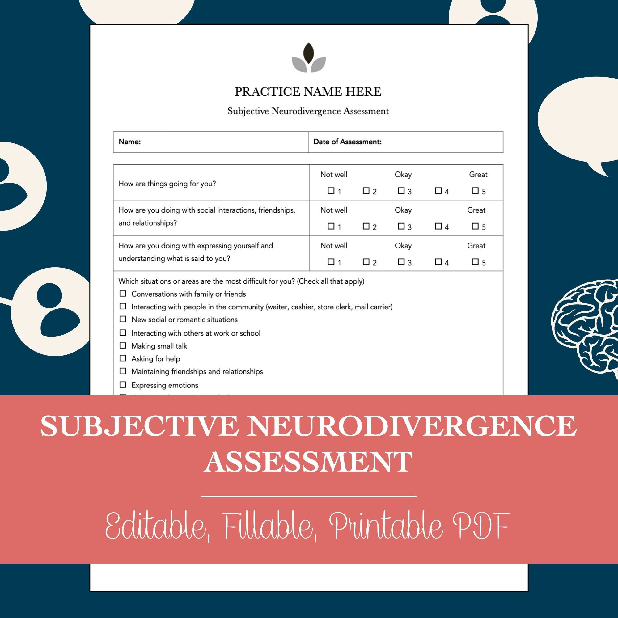 Subjective Neurodivergence Assessment Worksheet for Speech Therapy ...
