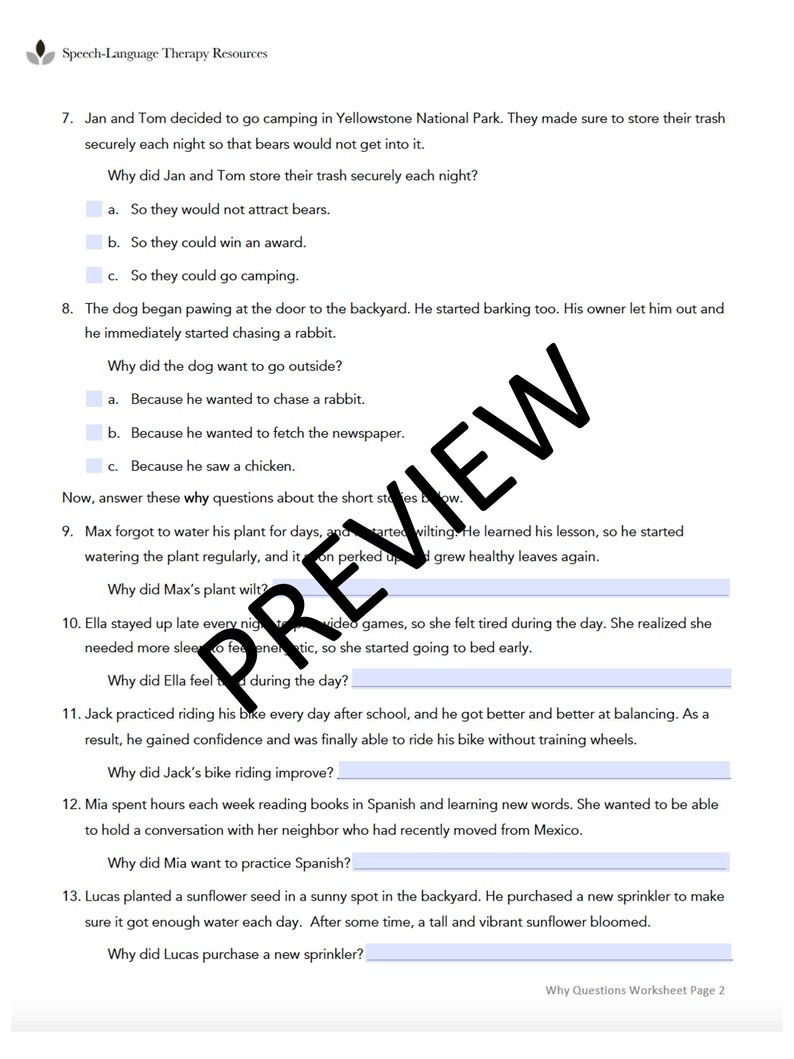 Why Questions Worksheet for Speech Therapy (editable, Fillable ...