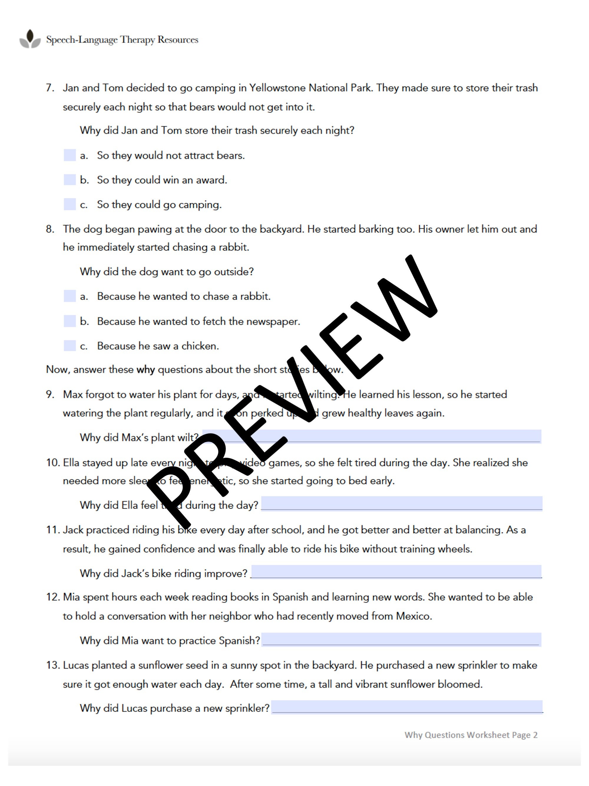 Why Questions Worksheet for Speech Therapy (editable, Fillable ...