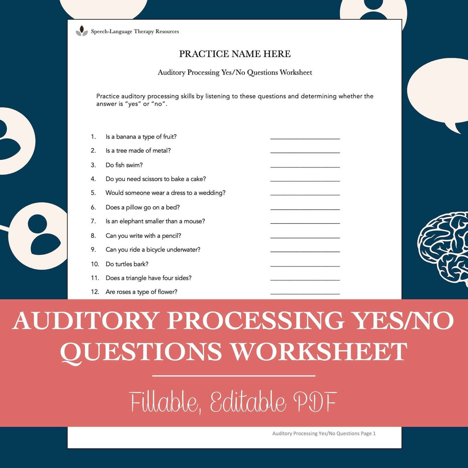 Auditory Processing Yes No Questions Worksheet for Speech Therapy ...
