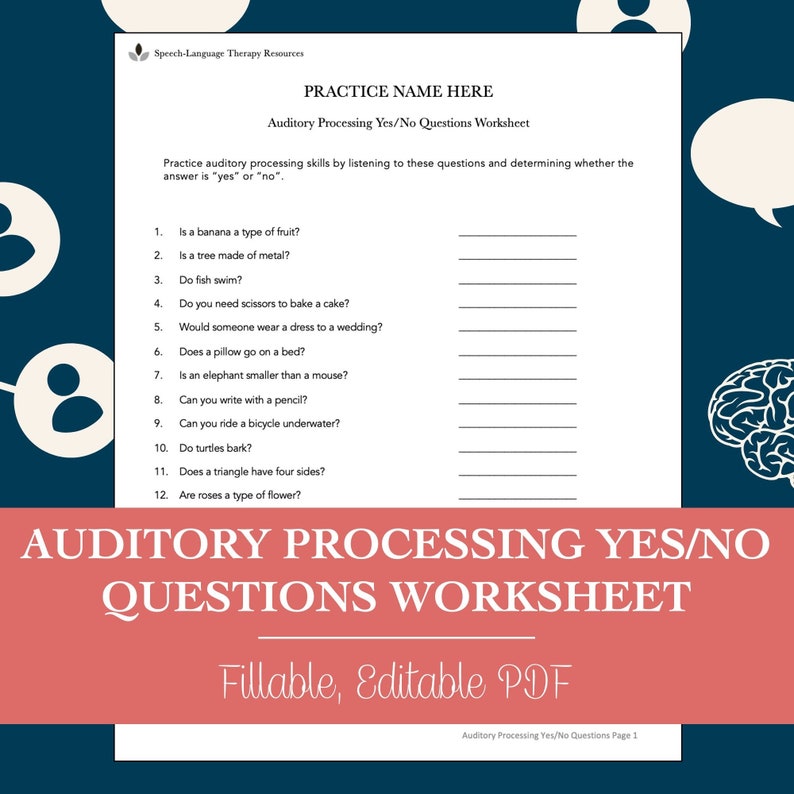 Auditory Processing Yes No Questions Worksheet for Speech Therapy ...