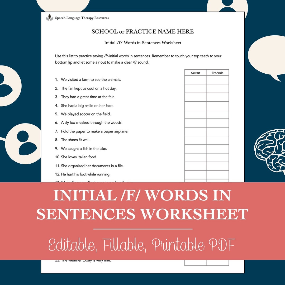Initial /F/ Words in Sentences Worksheet for Speech Therapy (printable ...