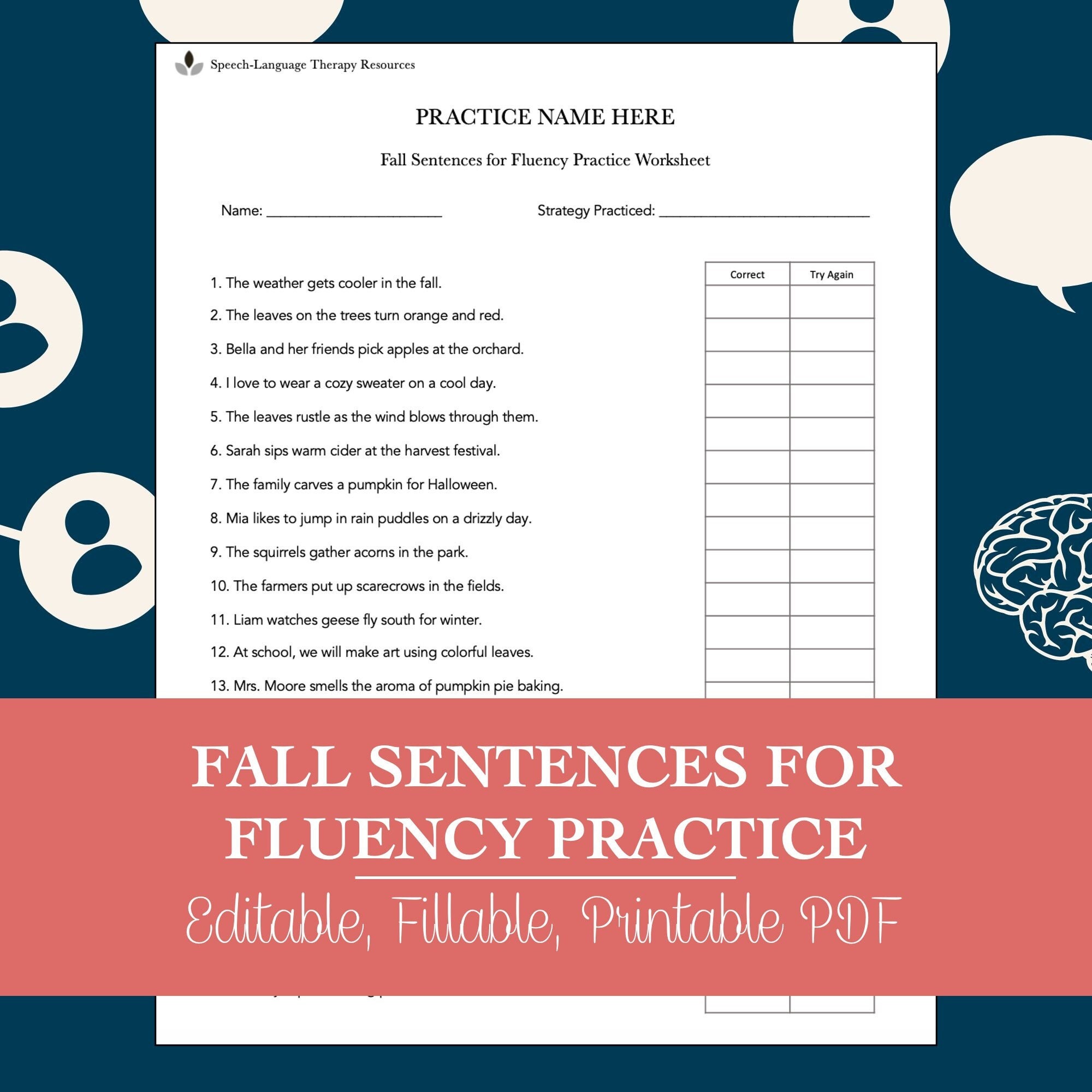 Fall Sentences for Fluency Practice Worksheet for Speech Therapy ...