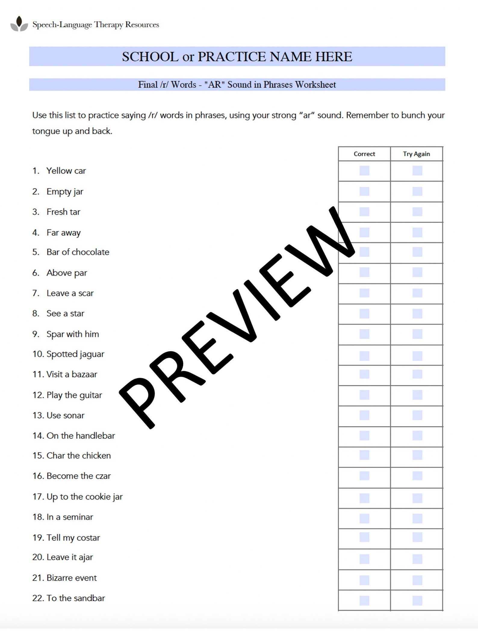 Final /R/ Words “AR” Phrases Worksheet for Speech Therapy (editable ...