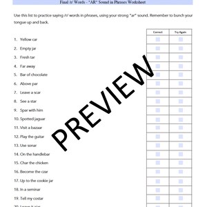 Final /R/ Words “AR” Phrases Worksheet for Speech Therapy (editable ...