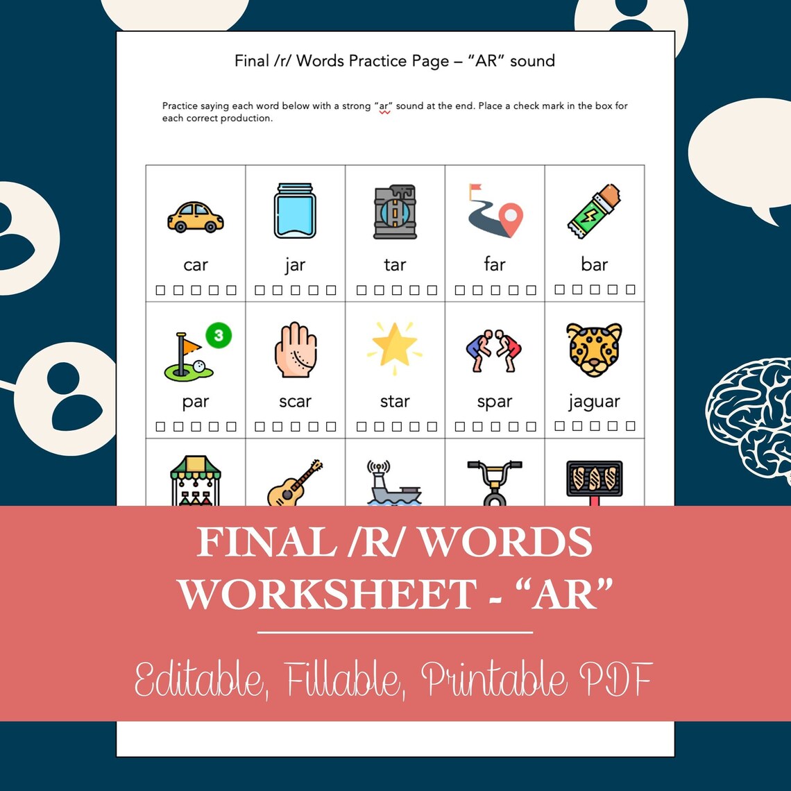 Final /R/ Words “AR” Sound Worksheet for Speech Therapy (editable ...
