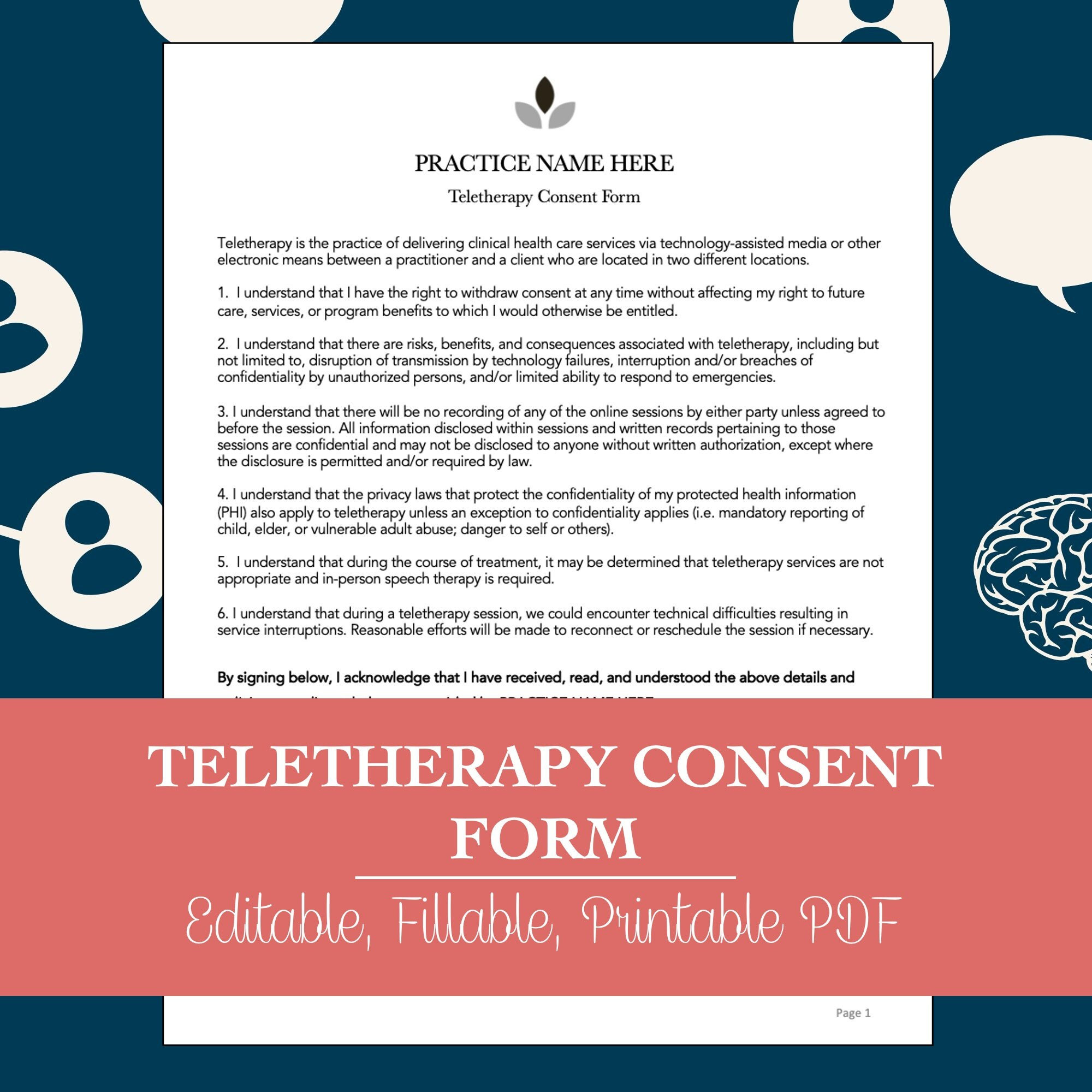 Teletherapy Consent Form for Speech Therapy (editable, Fillable ...