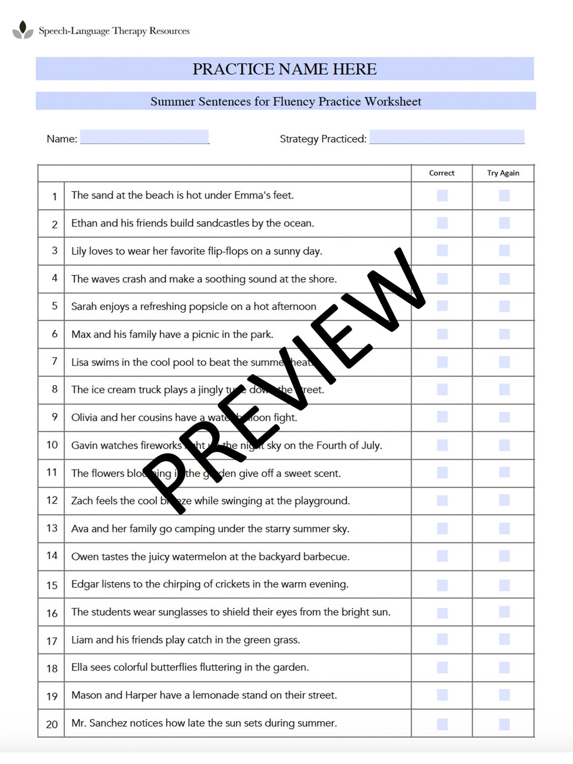 Summer Sentences for Fluency Practice Worksheet for Speech Therapy ...