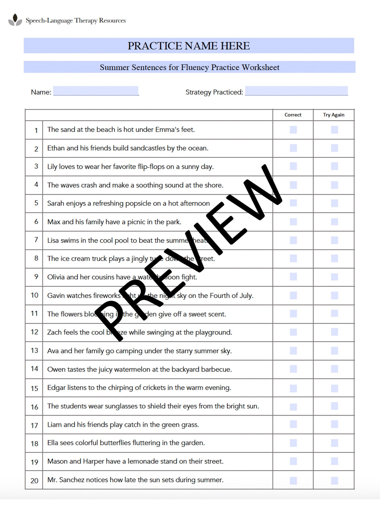 Summer Sentences for Fluency Practice Worksheet for Speech Therapy ...