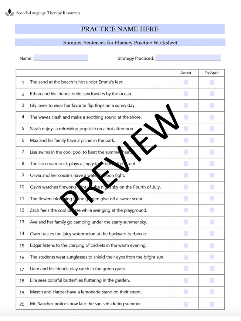 Summer Sentences for Fluency Practice Worksheet for Speech Therapy ...