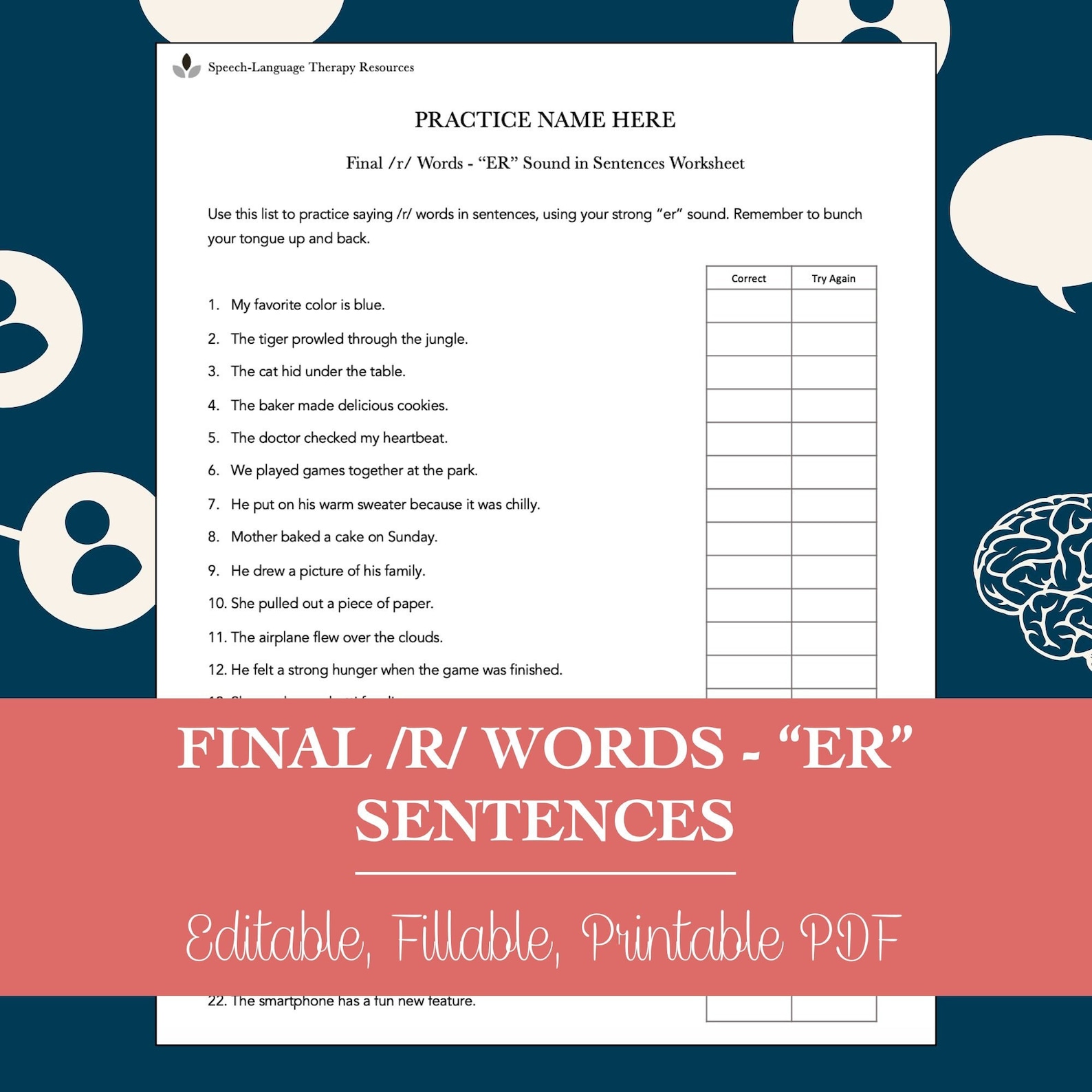 Final /R/ Words “ER” Sentences Worksheet for Speech Therapy (editable ...