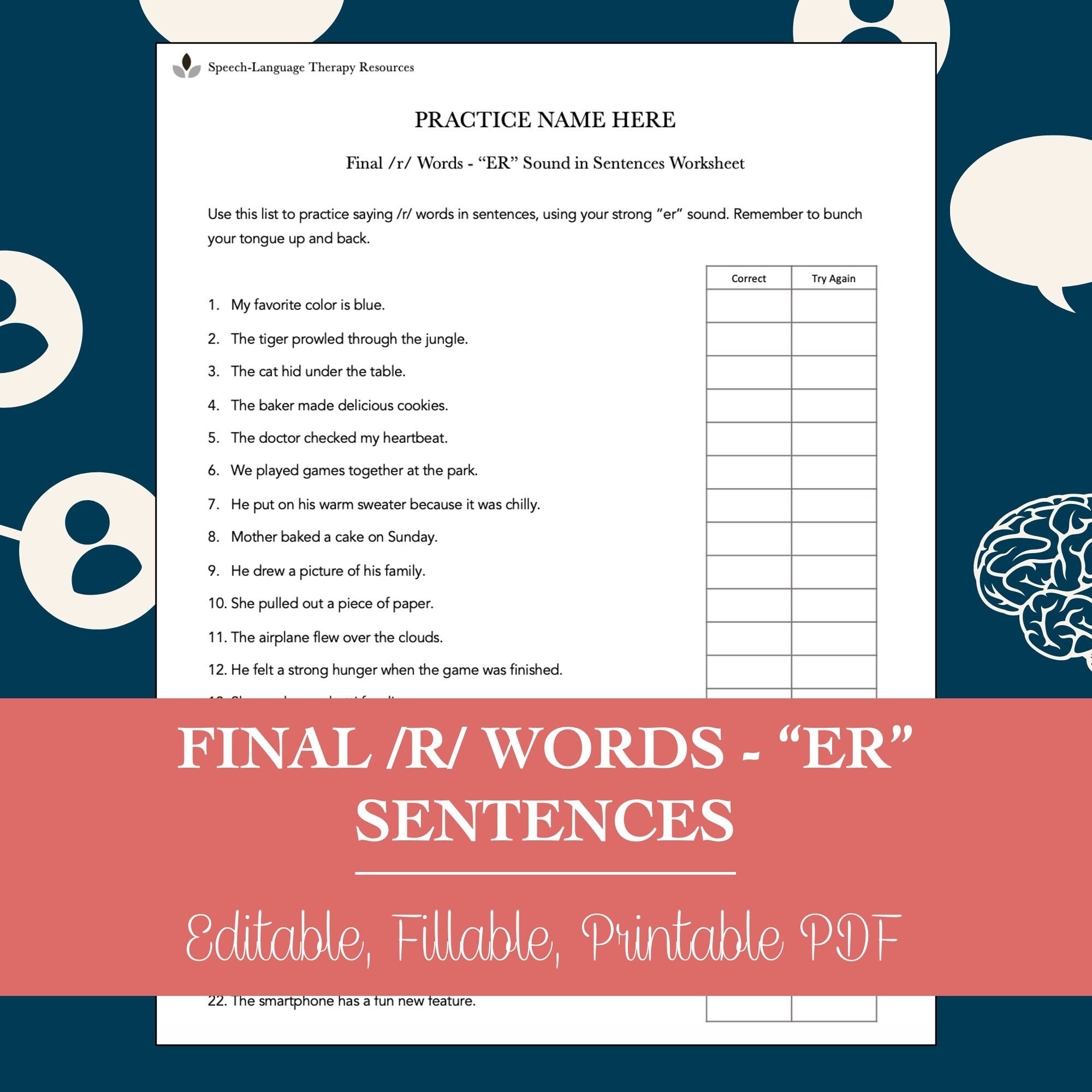 Final /R/ Words “ER” Sentences Worksheet for Speech Therapy (editable ...