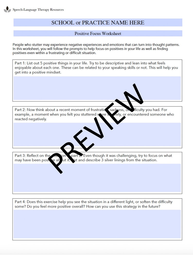 Positive Focus Worksheet for Speech Therapy editable, Fillable ...