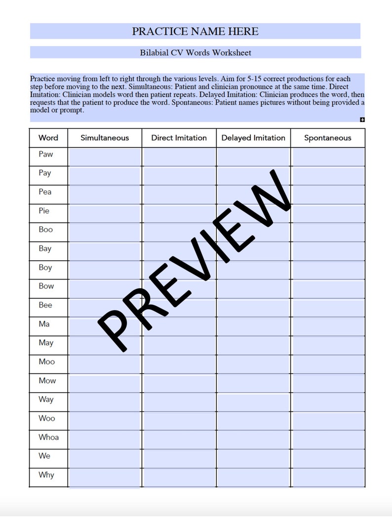 Bilabial CV Words Worksheet for Apraxia for Speech Therapy (editable ...