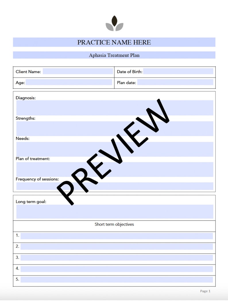 Aphasia Treatment Plan Template for Speech Therapy (editable, Fillable ...