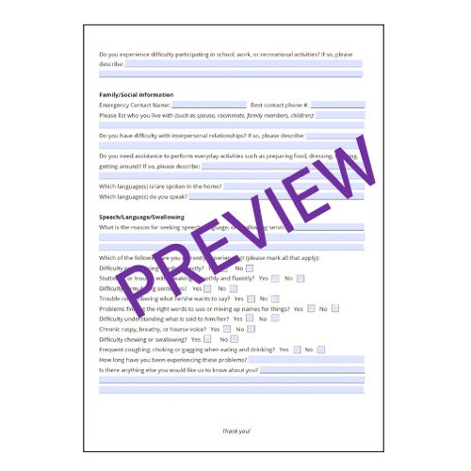 Speech Therapy Intake Form for Adults (editable, Fillable, Printable ...