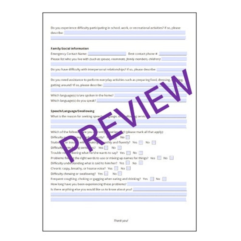 Speech Therapy Intake Form for Adults (editable, Fillable, Printable ...