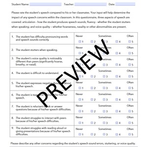 Teacher Rating Scale: Speech Worksheet for Speech Therapy (editable ...