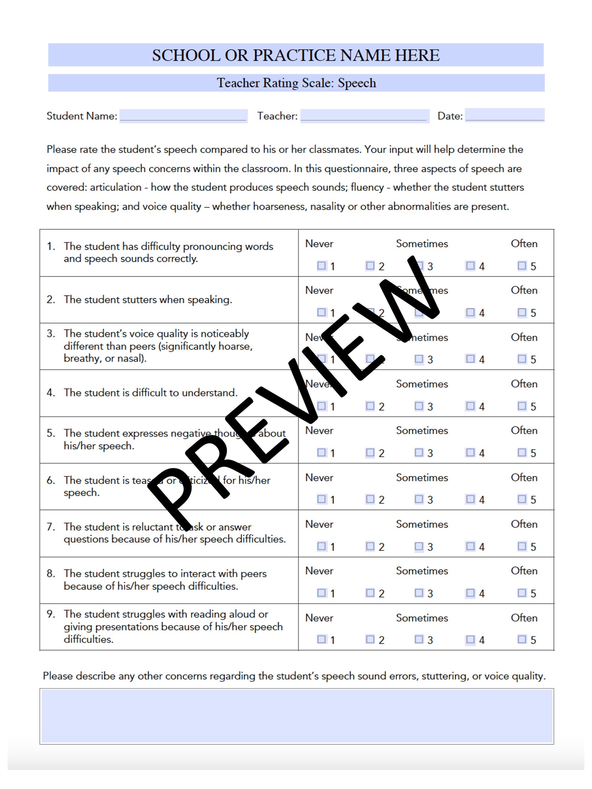 Teacher Rating Scale: Speech Worksheet for Speech Therapy (editable ...