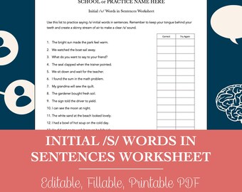 Initial /s/ Words in Phrases Worksheet for Speech Therapy | Printable ...