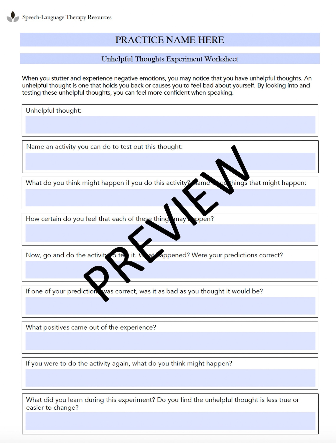 Unhelpful Thoughts Experiment Worksheet for Speech Therapy editable ...