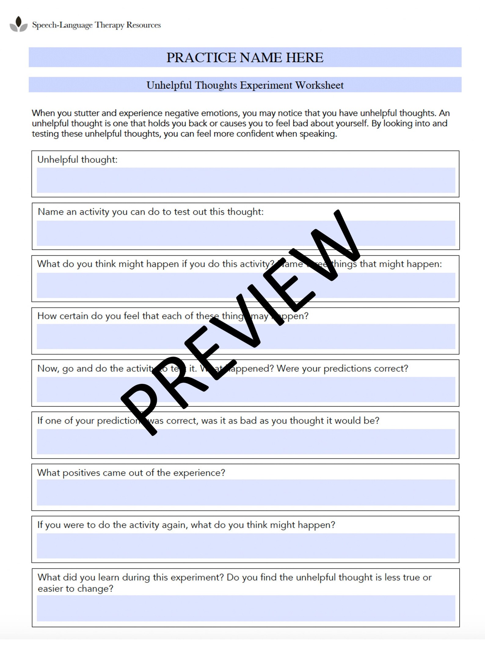 Unhelpful Thoughts Experiment Worksheet for Speech Therapy editable ...