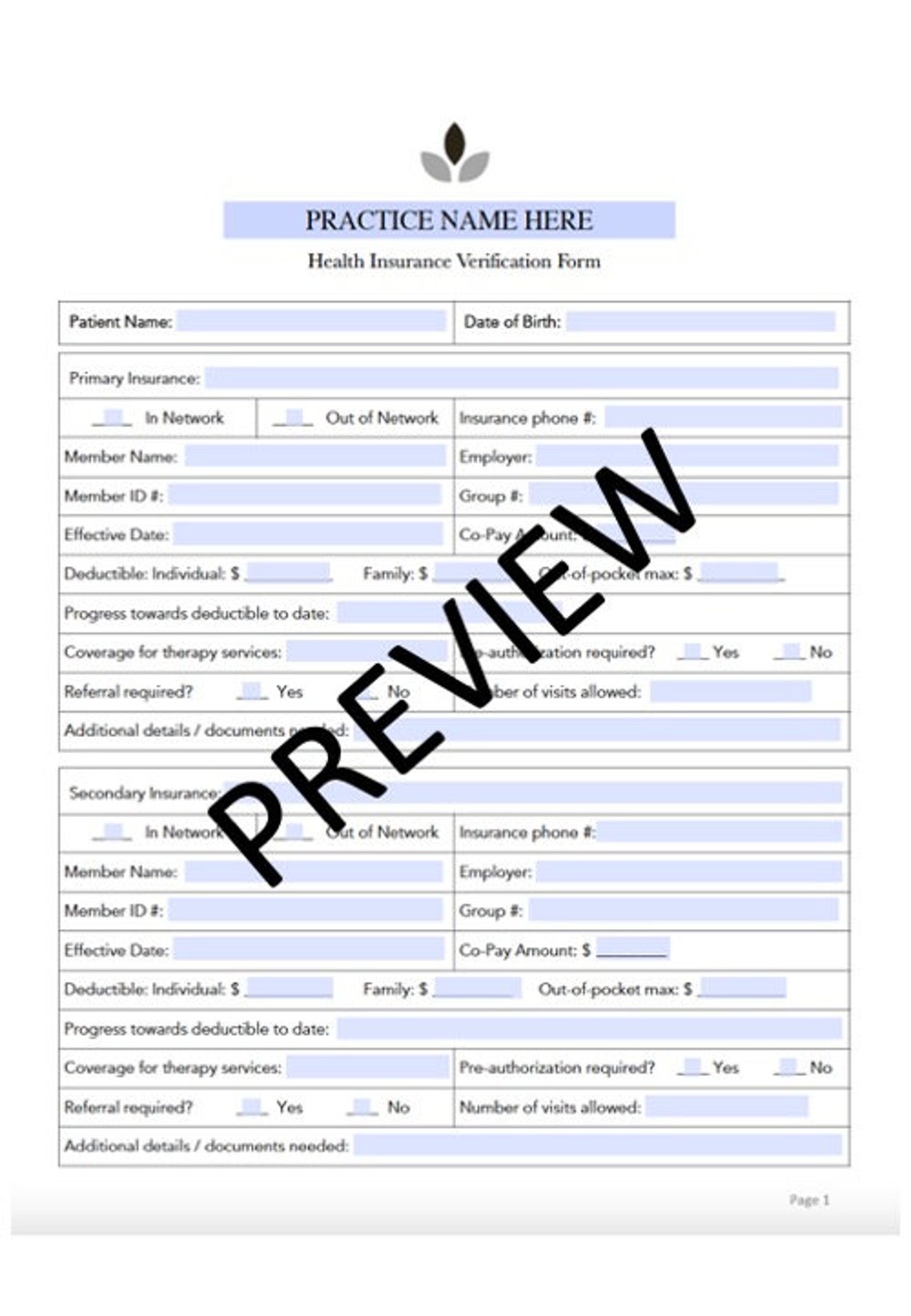 Health Insurance Verification Form for Speech Therapy (editable ...