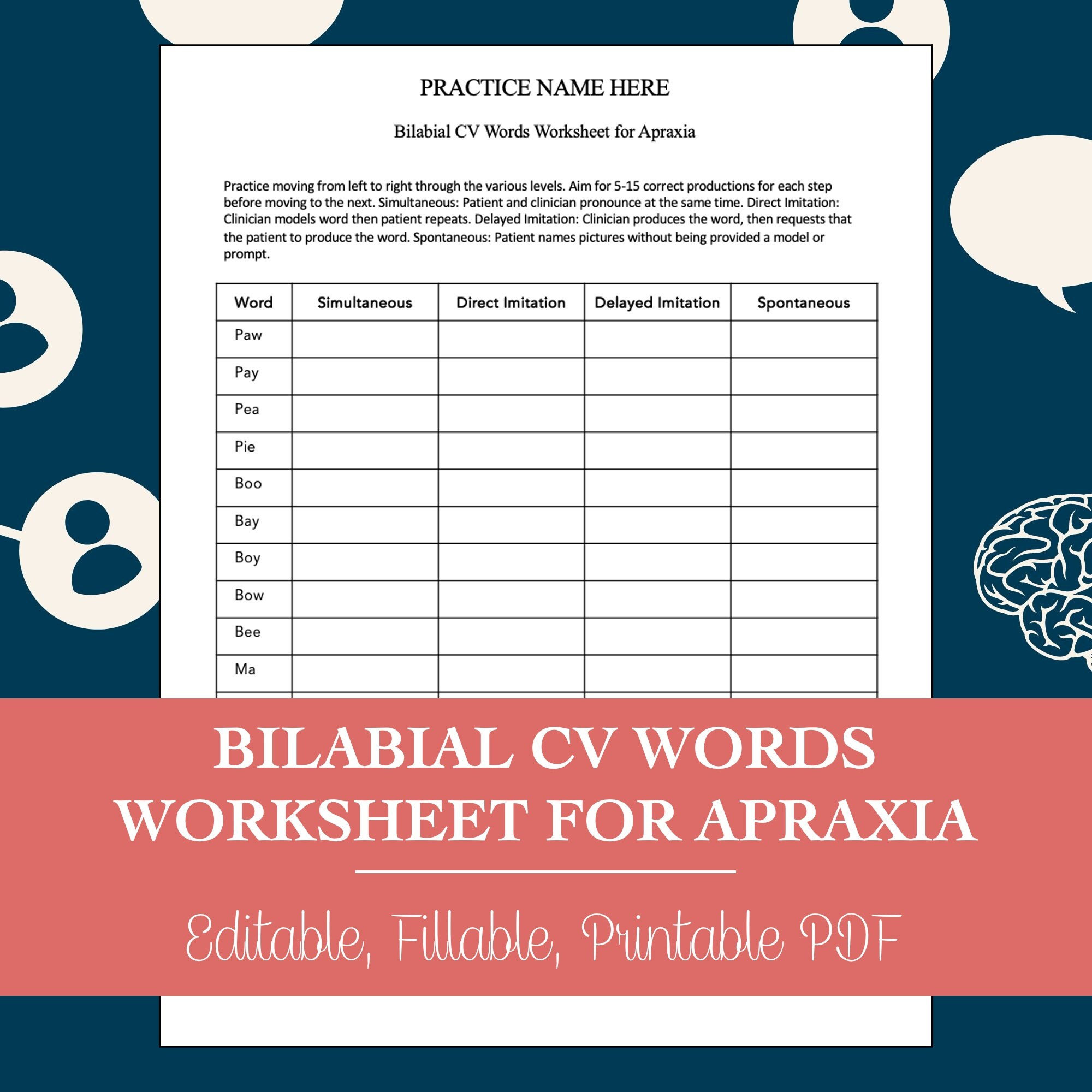 Bilabial CV Words Worksheet for Apraxia for Speech Therapy editable ...