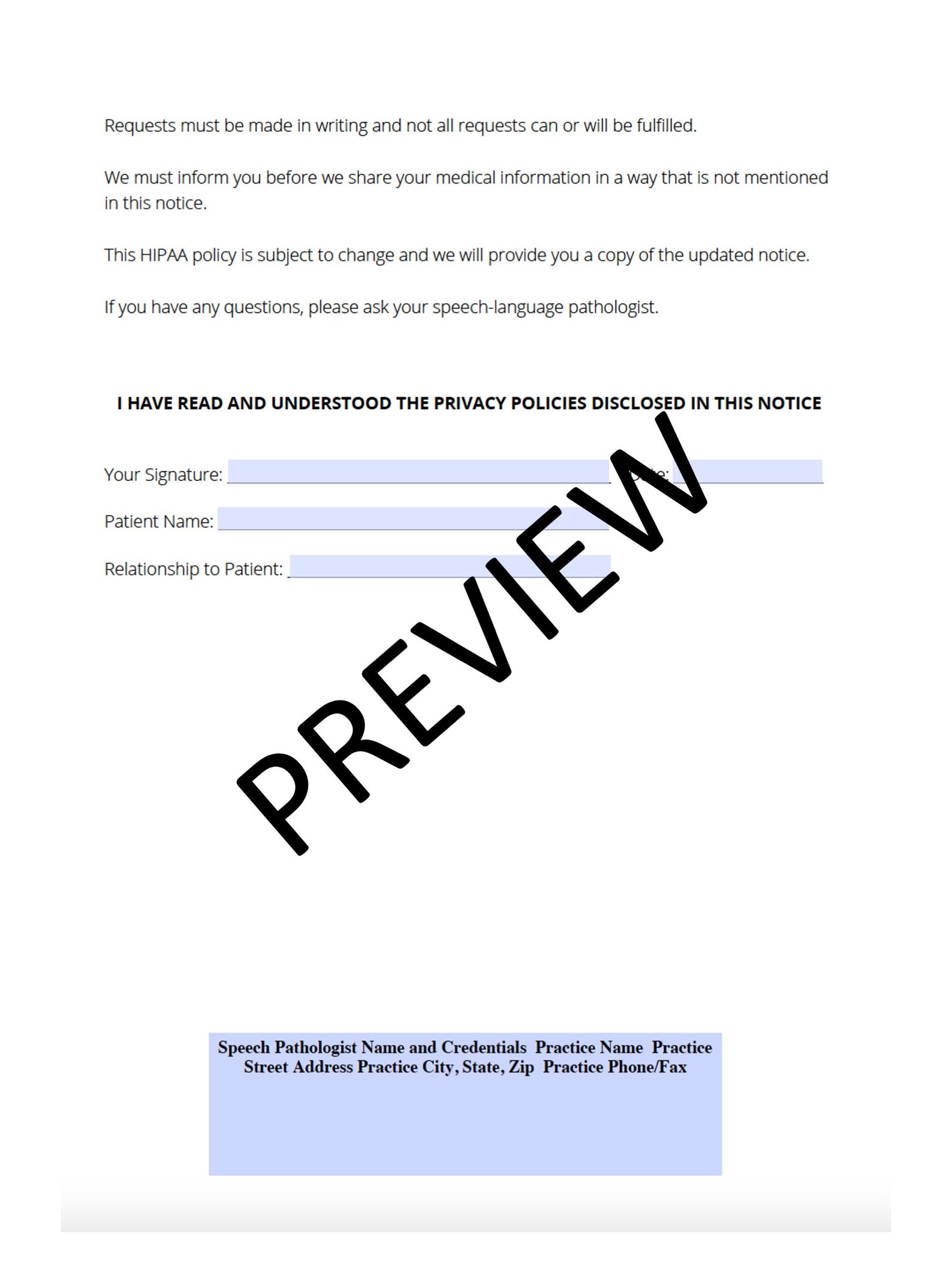 HIPAA Privacy Notice Form for Speech Therapy (editable, Fillable ...