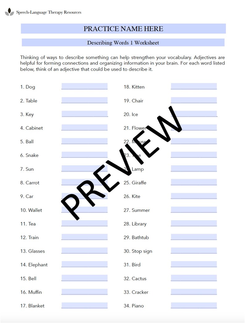 Describing Words Worksheet (level 1) for Speech Therapy (editable ...
