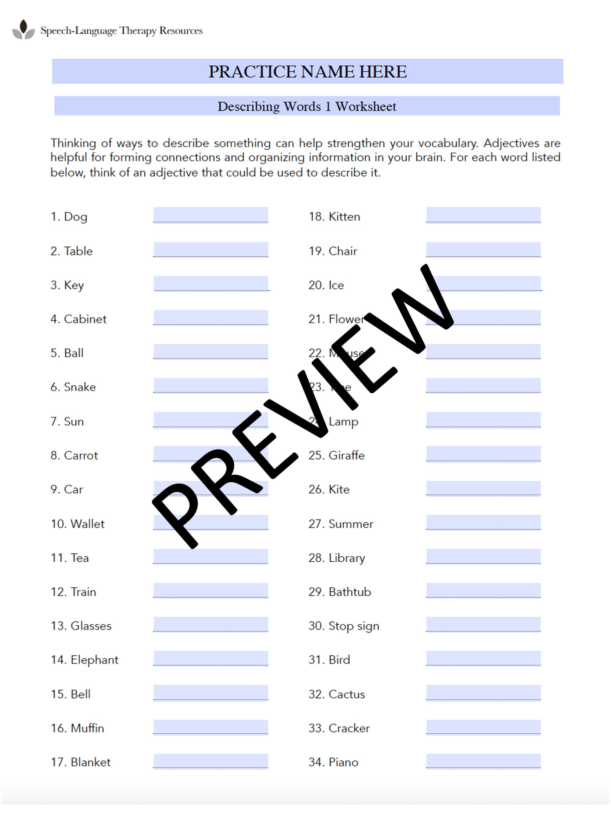 Describing Words Worksheet (level 1) for Speech Therapy (editable ...