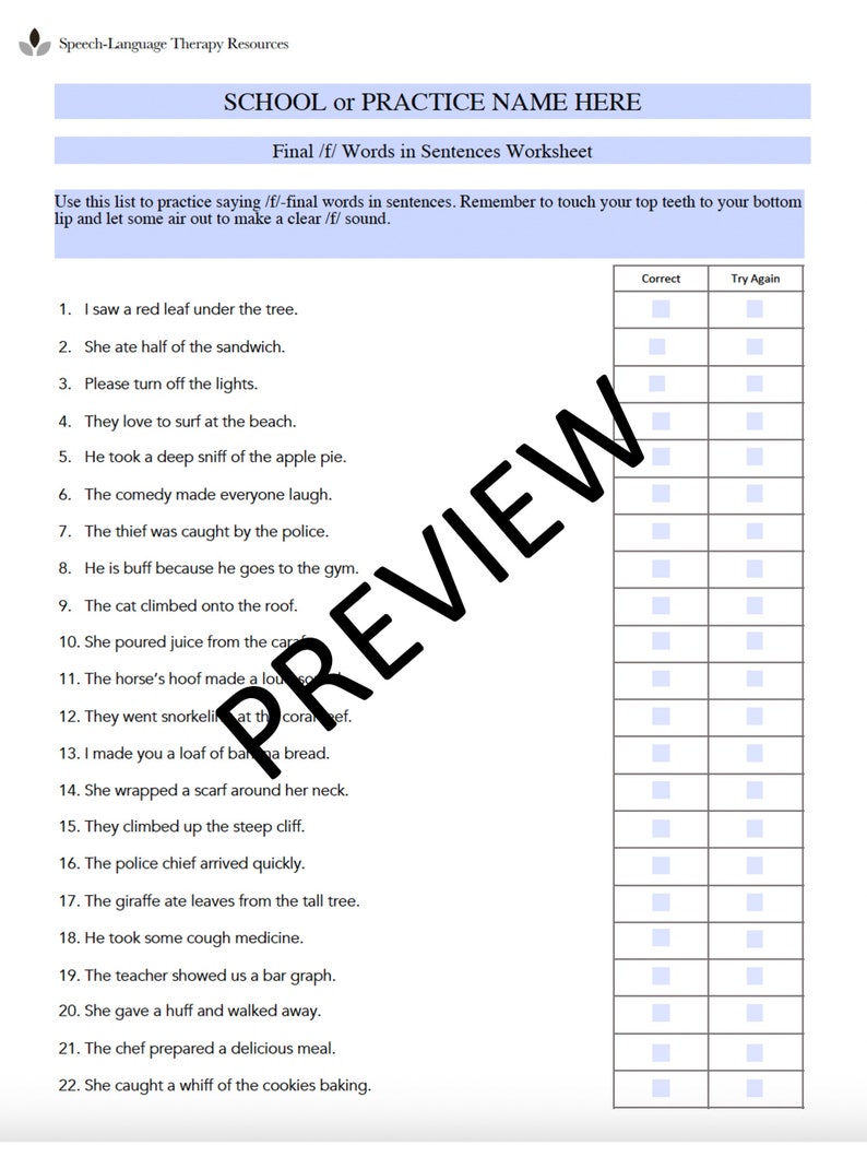Final /F/ Words in Sentences Worksheet for Speech Therapy (printable ...