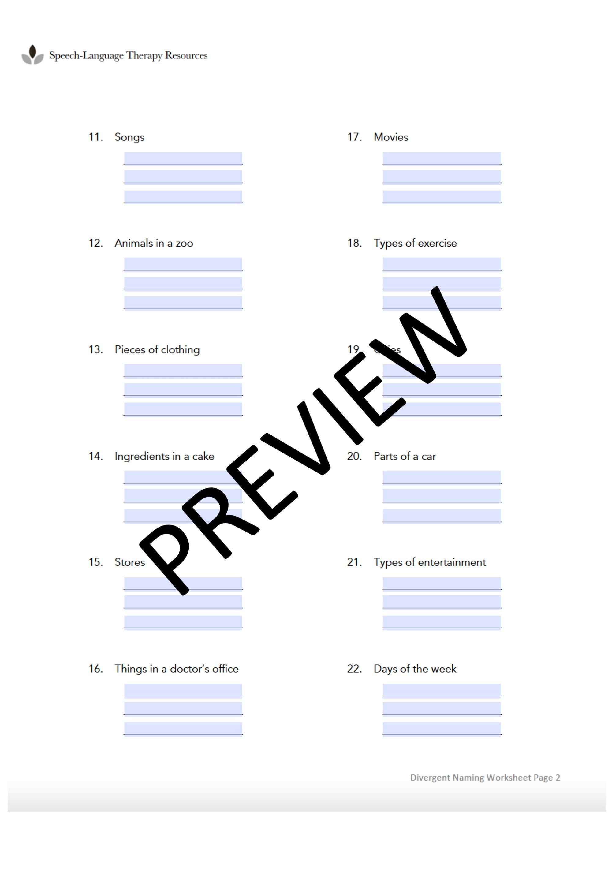 Divergent Naming Worksheet for Aphasia for Speech Therapy - Etsy