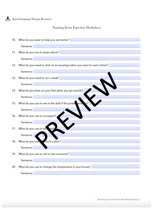 Naming From Function Worksheet for Aphasia for Speech Therapy (editable ...
