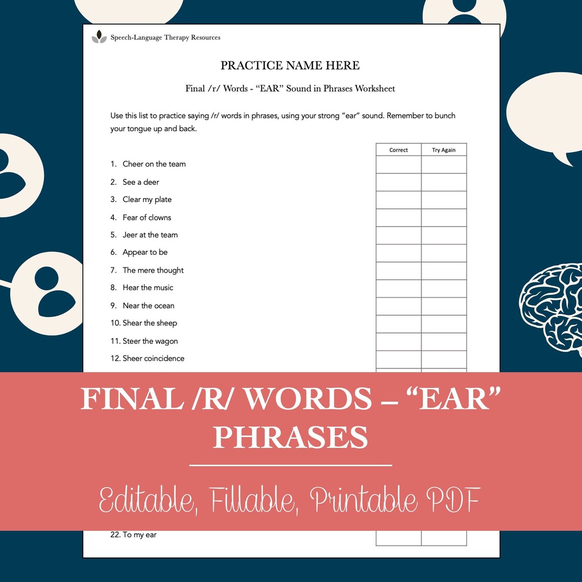 Final /R/ Words “EAR” Phrases Worksheet for Speech Therapy (editable ...