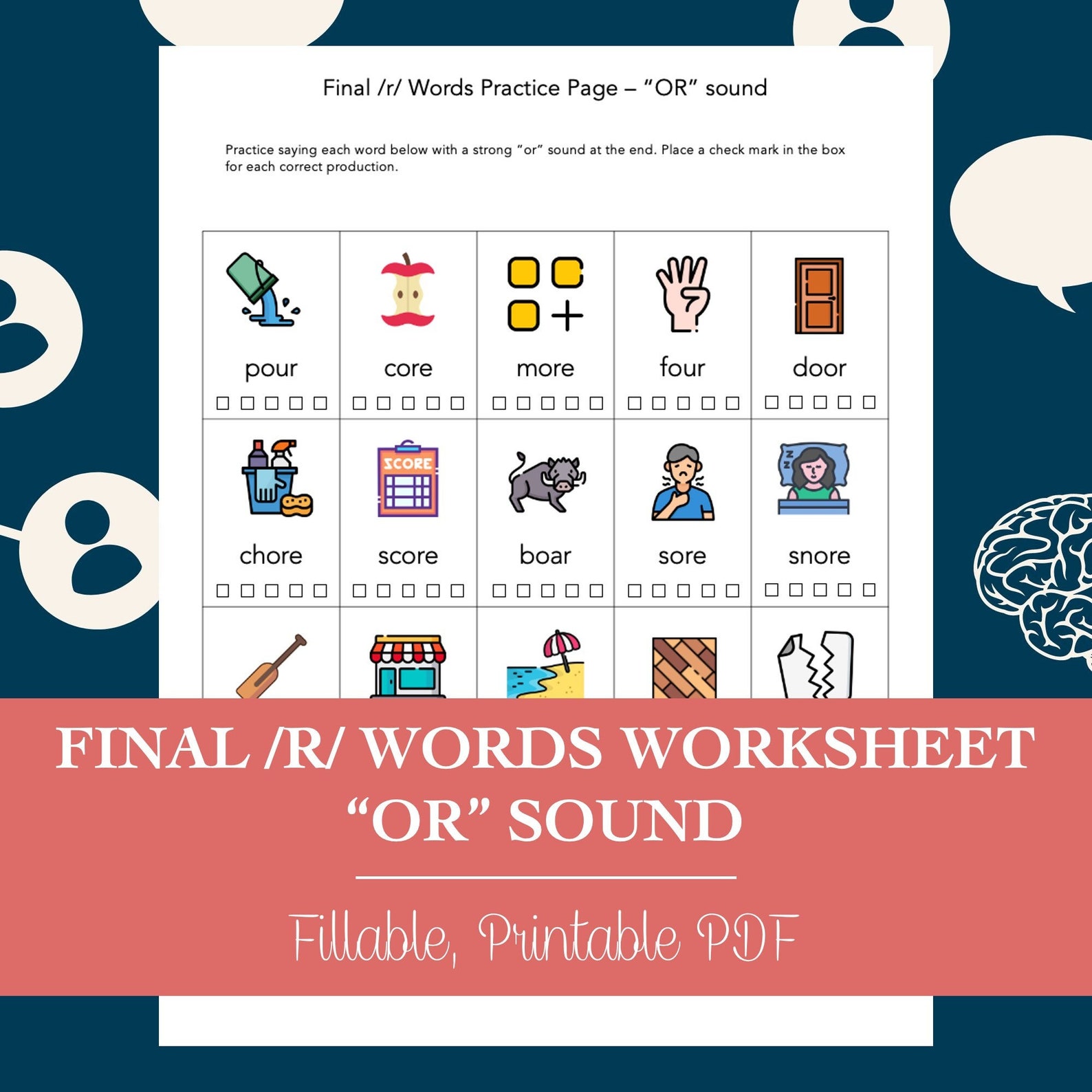 Final R Words OR Worksheet for Speech Therapy (editable, Fillable ...