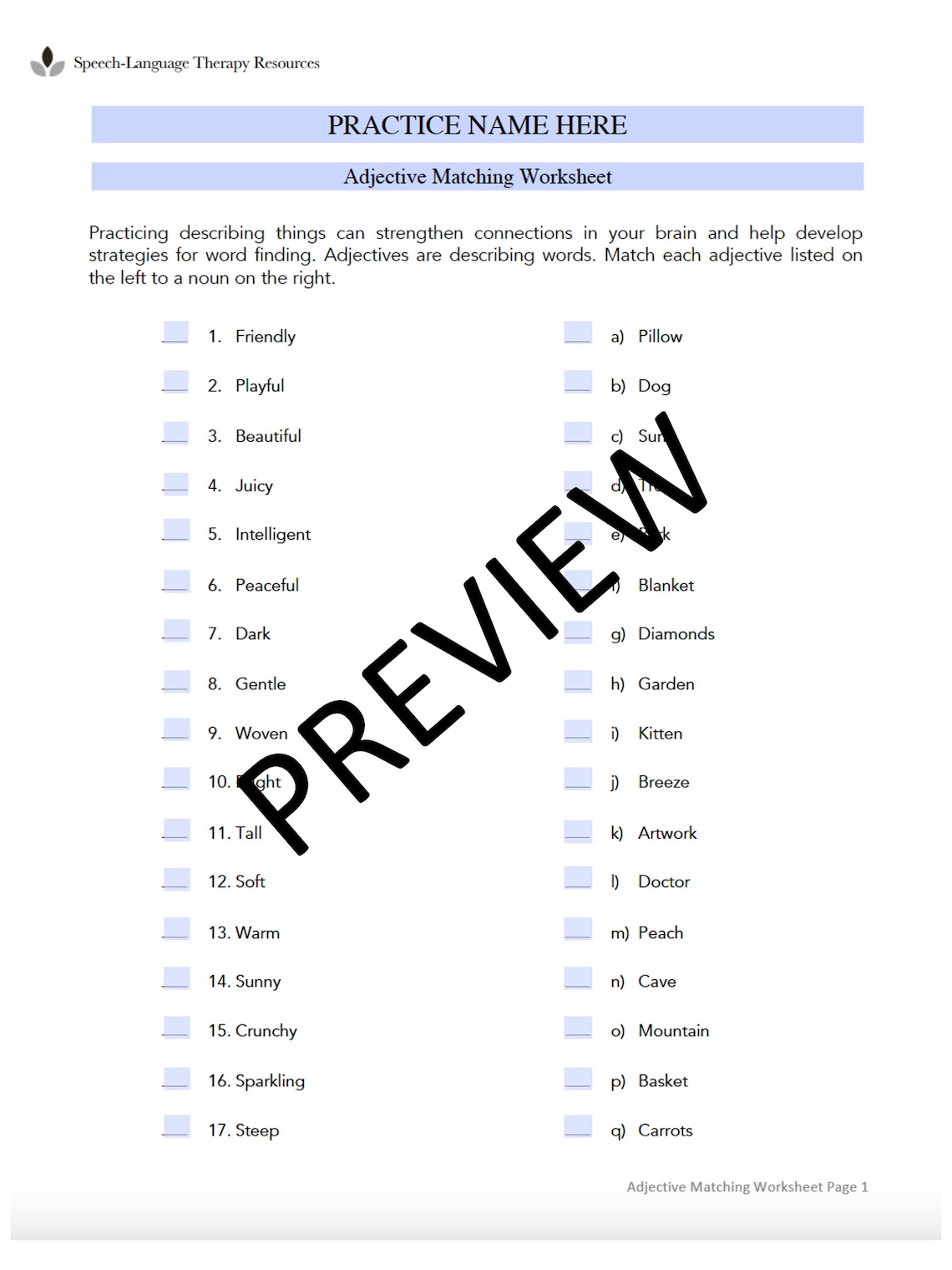 Adjective Matching Worksheet for Speech Therapy (editable, Fillable ...