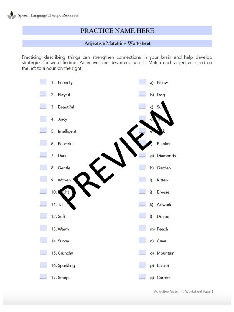 Adjective Matching Worksheet for Speech Therapy (editable, Fillable ...