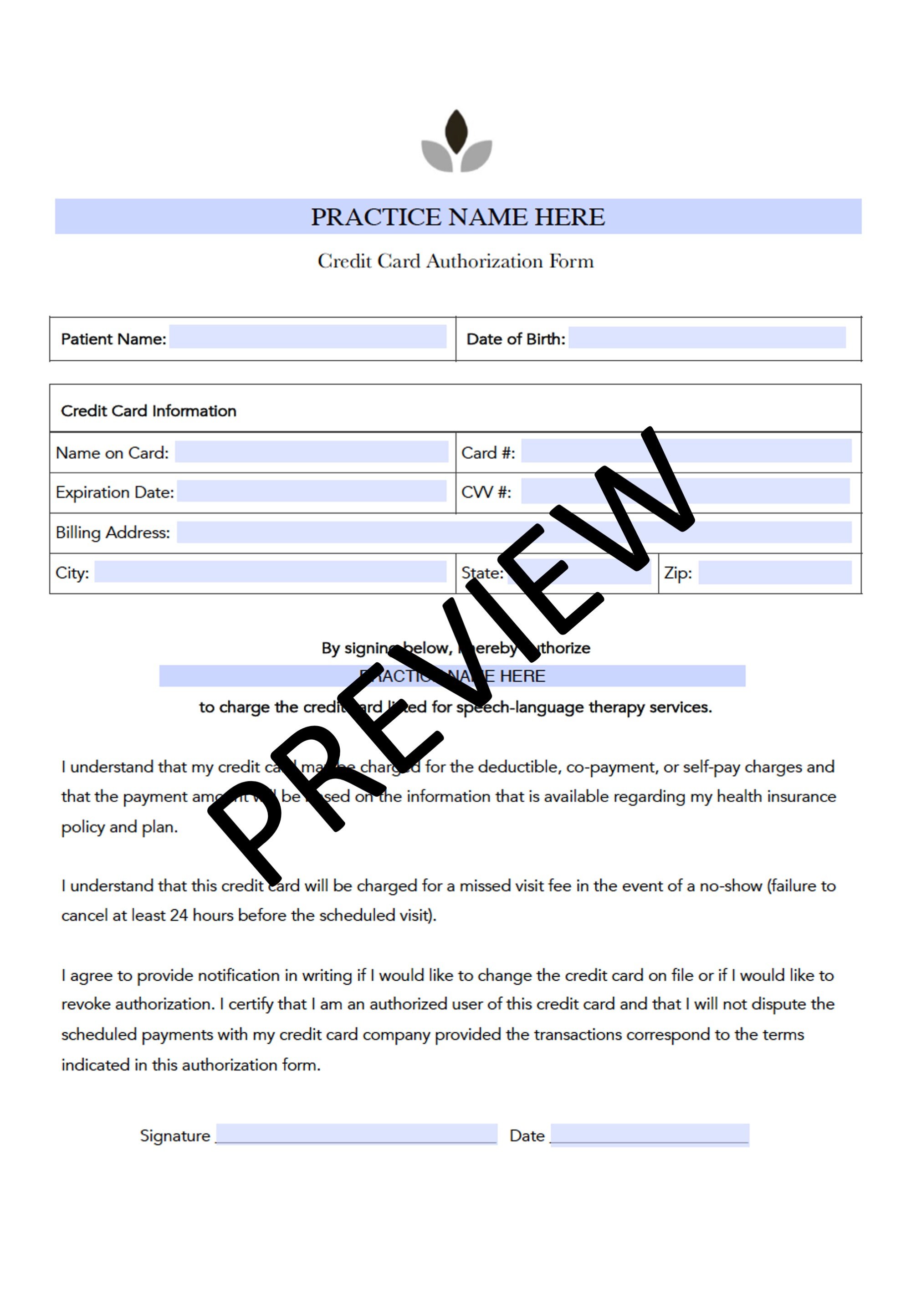 Credit Card Authorization Form for Speech Therapy (editable, Fillable ...